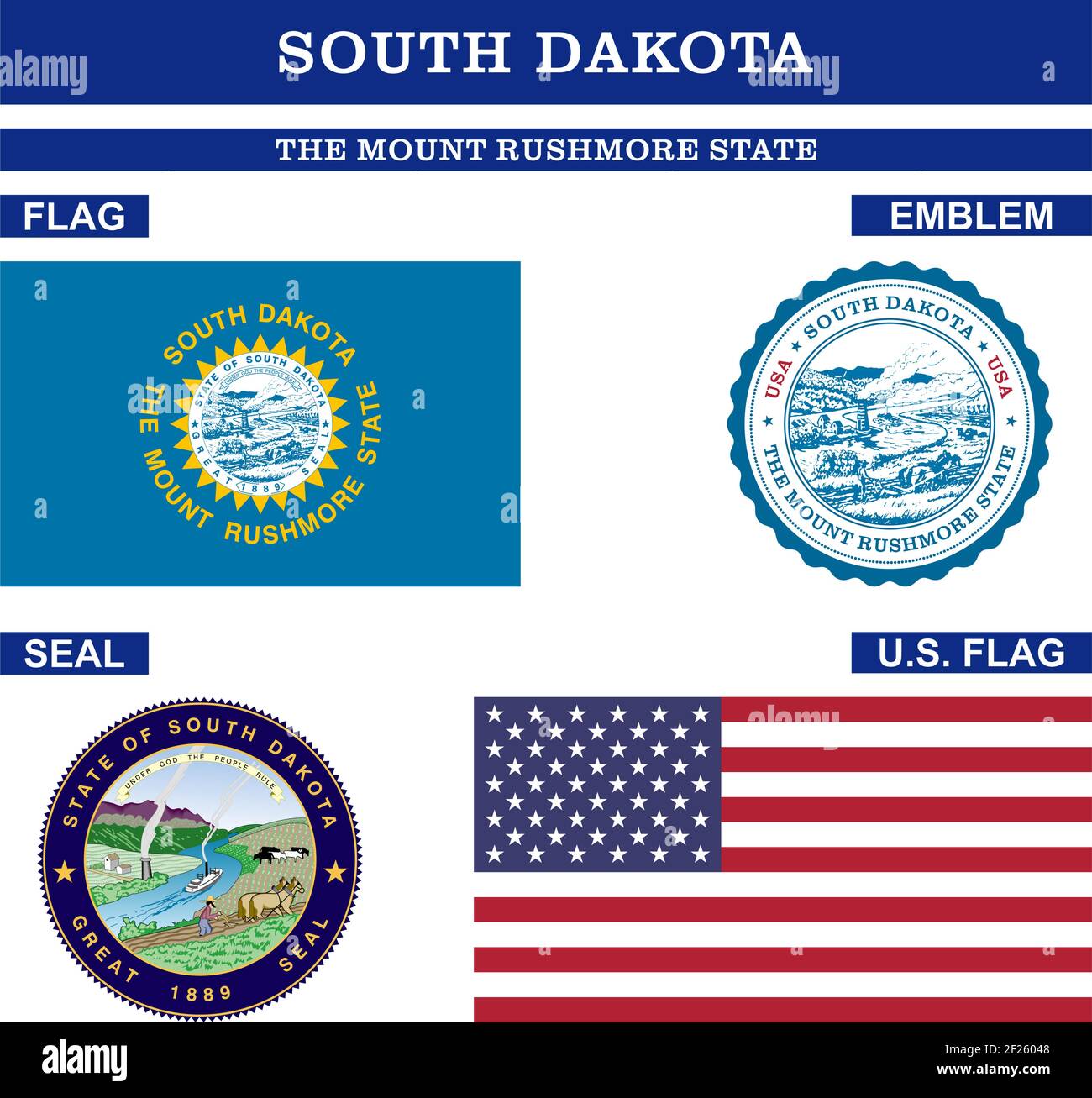 South Dakota Symbol collection with flag, seal, US flag and emblem as ...