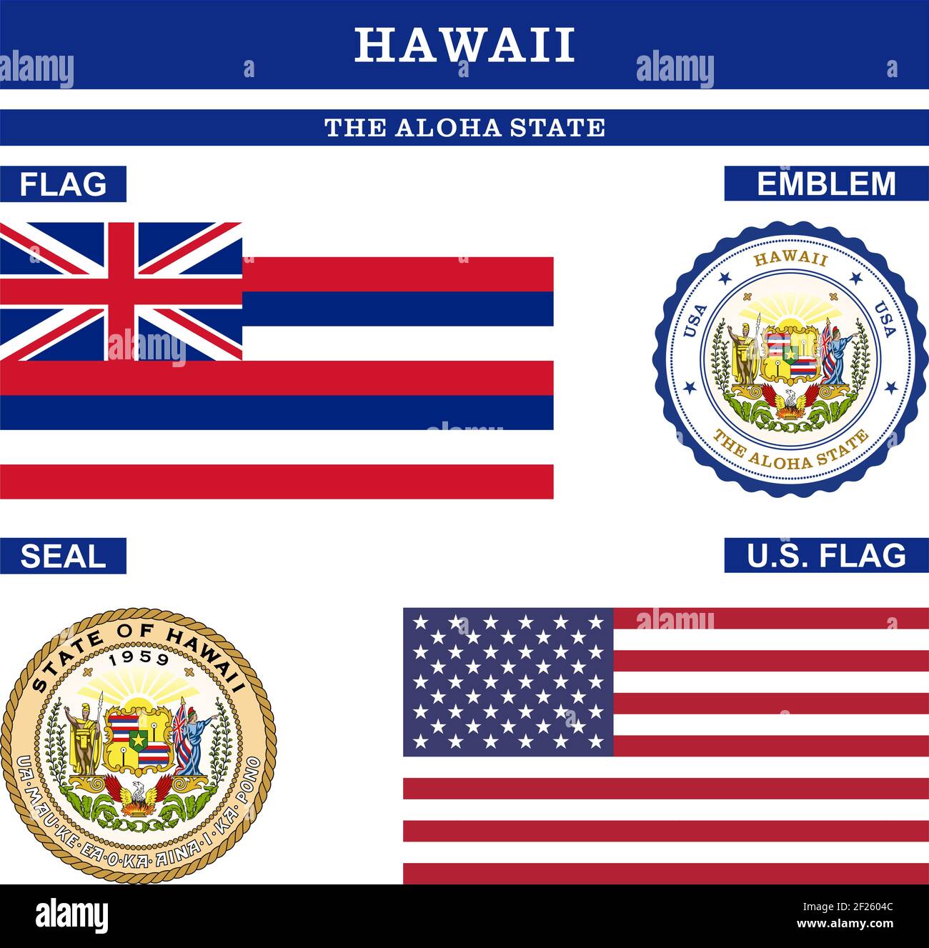 Hawaii Symbol collection with flag, seal, US flag and emblem as vector ...