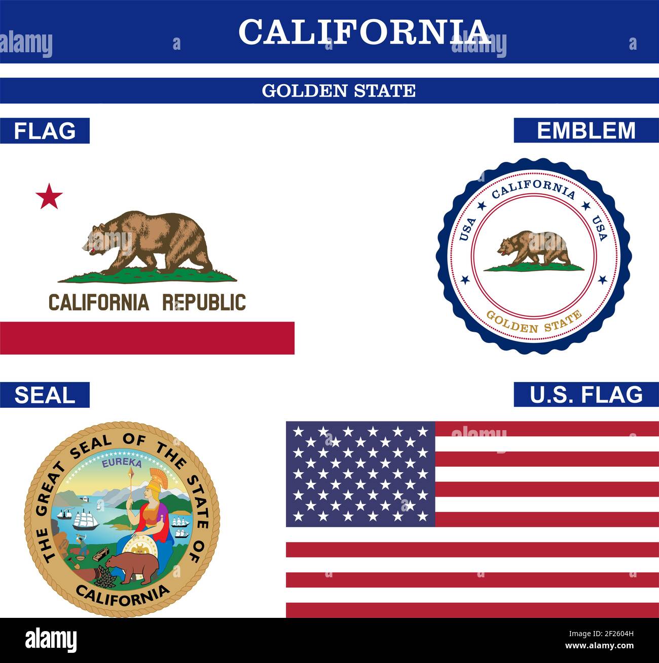 California Symbol collection with flag, seal, US flag and emblem as ...