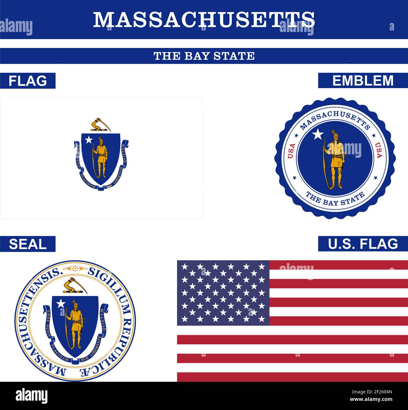 Massachusetts Symbol collection with flag, seal, US flag and emblem as ...