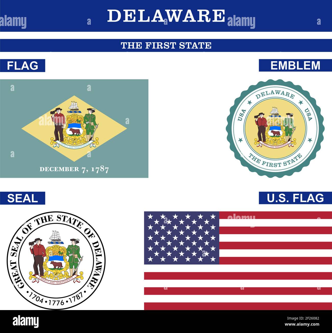Delaware Symbol collection with flag, seal, US flag and emblem as ...