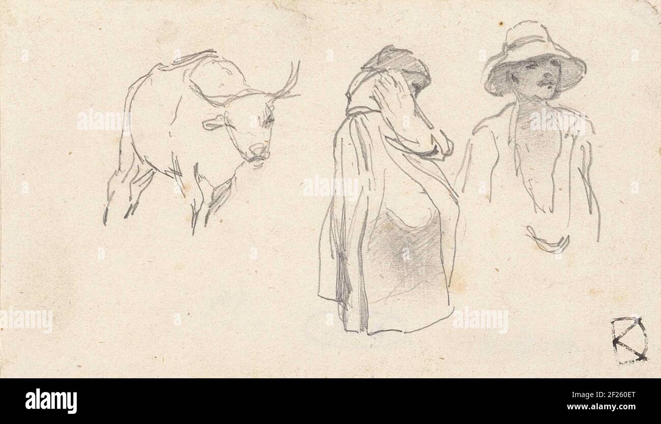 Sketches of a cow, a man and a woman Stock Photo - Alamy