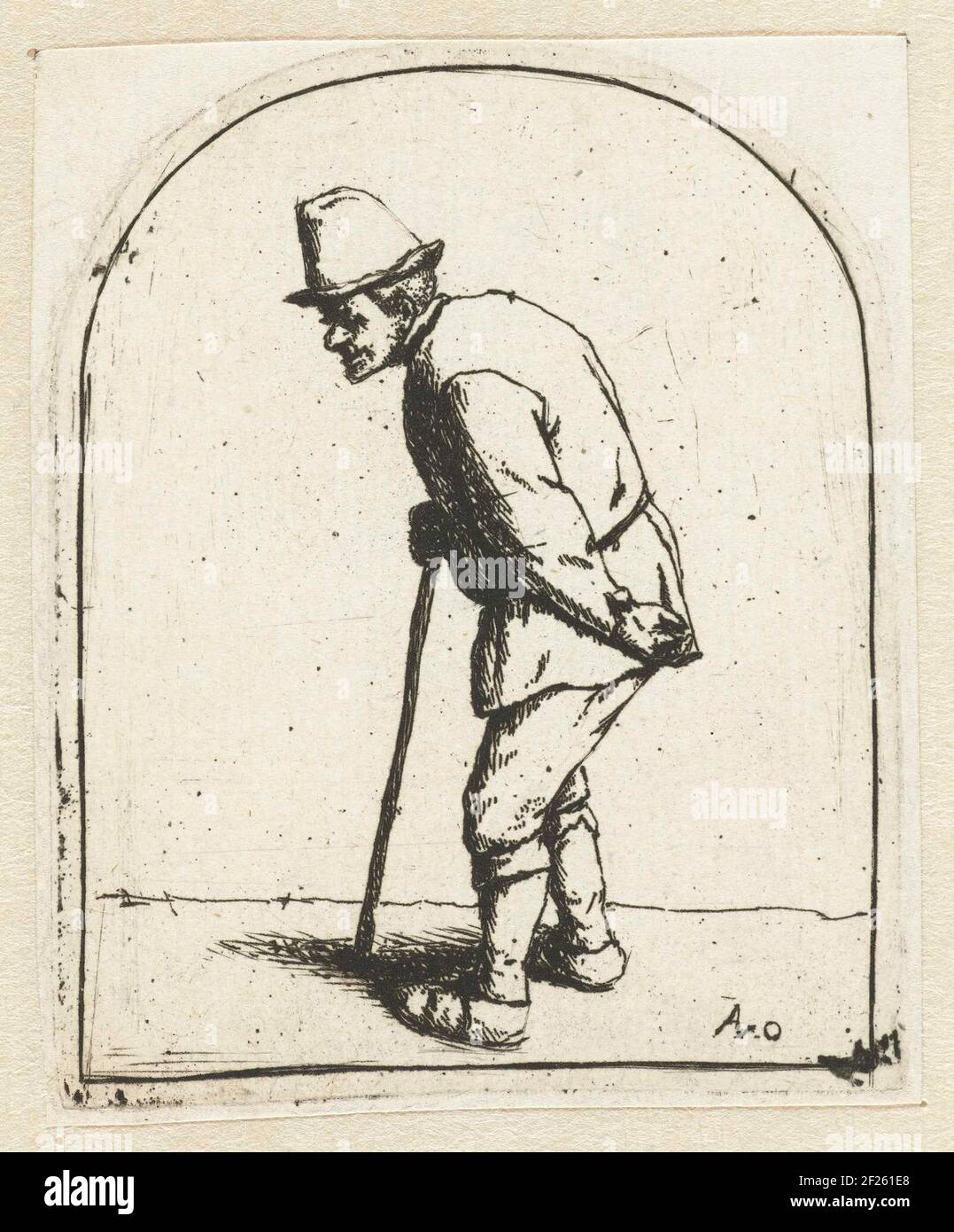 Gebochelde boer.Man with humpback back and leaning on a stick Stock ...