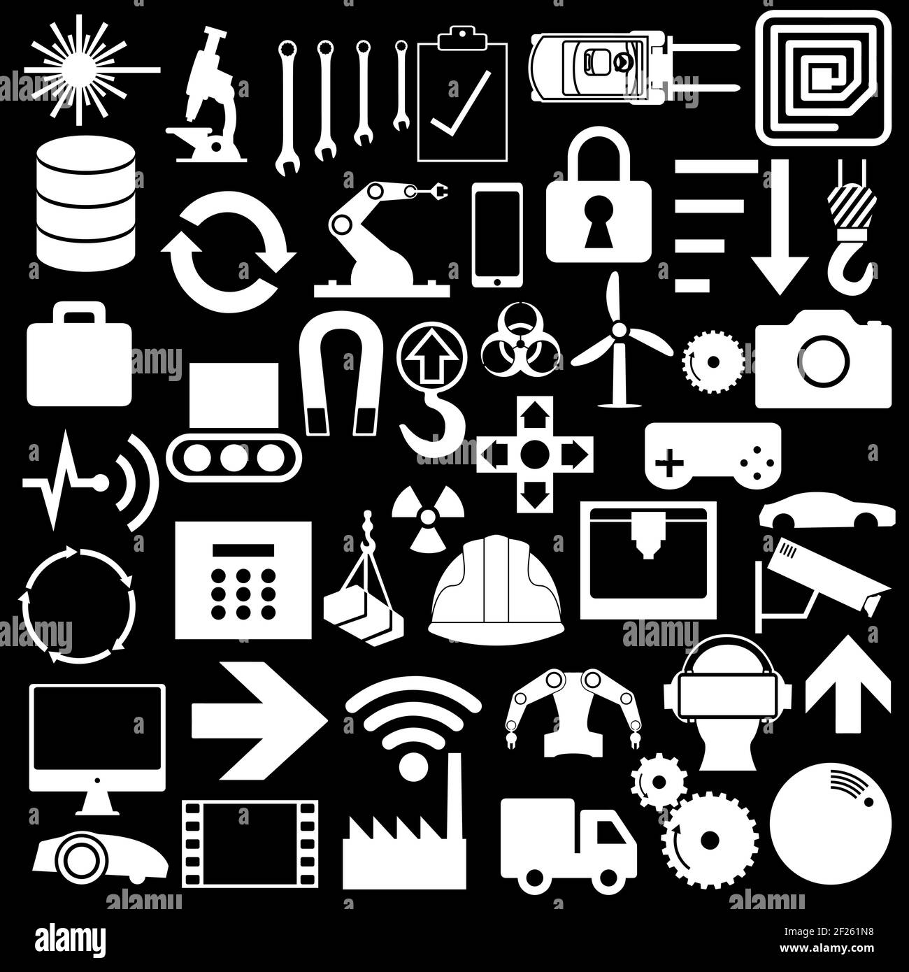 Technology symbol set on black background, vector icons on black ...