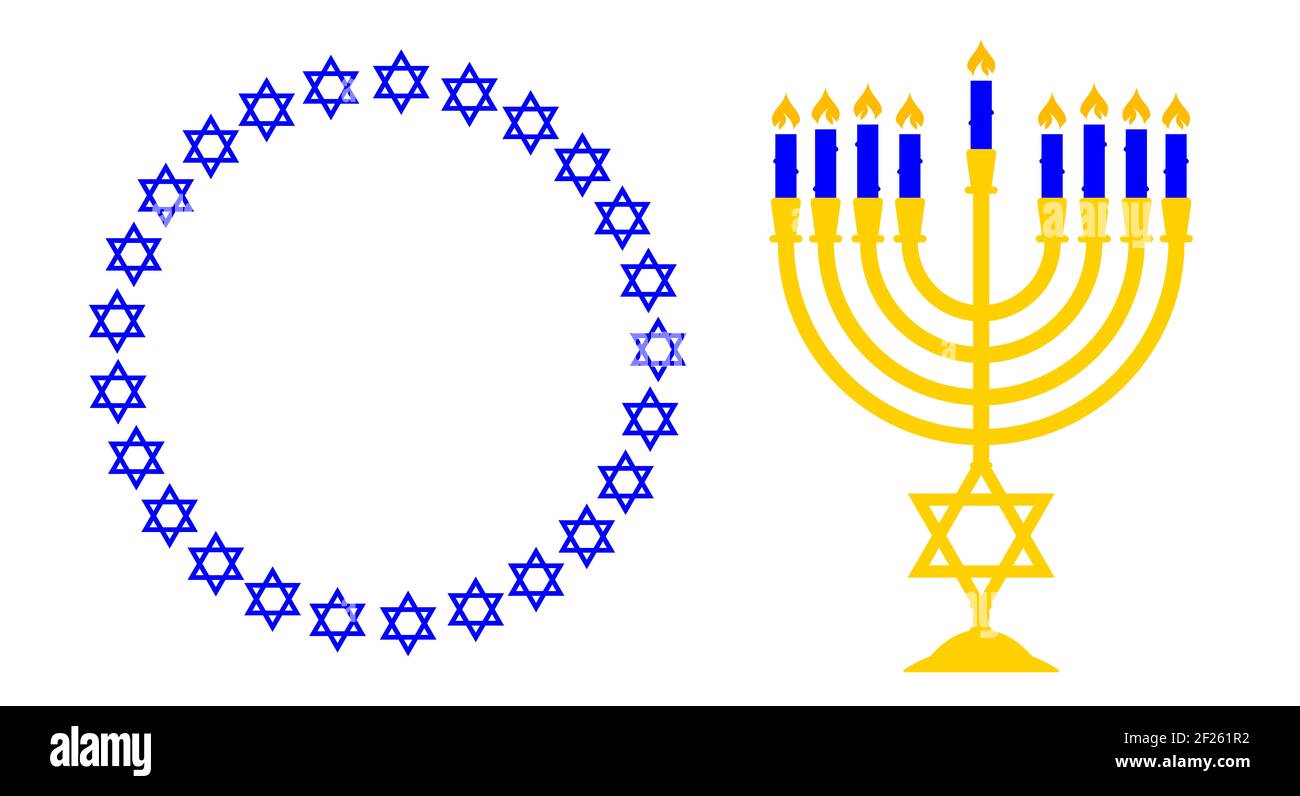 Menorah and a round frame of the Stars of David. Jewish symbols.. Flat ...