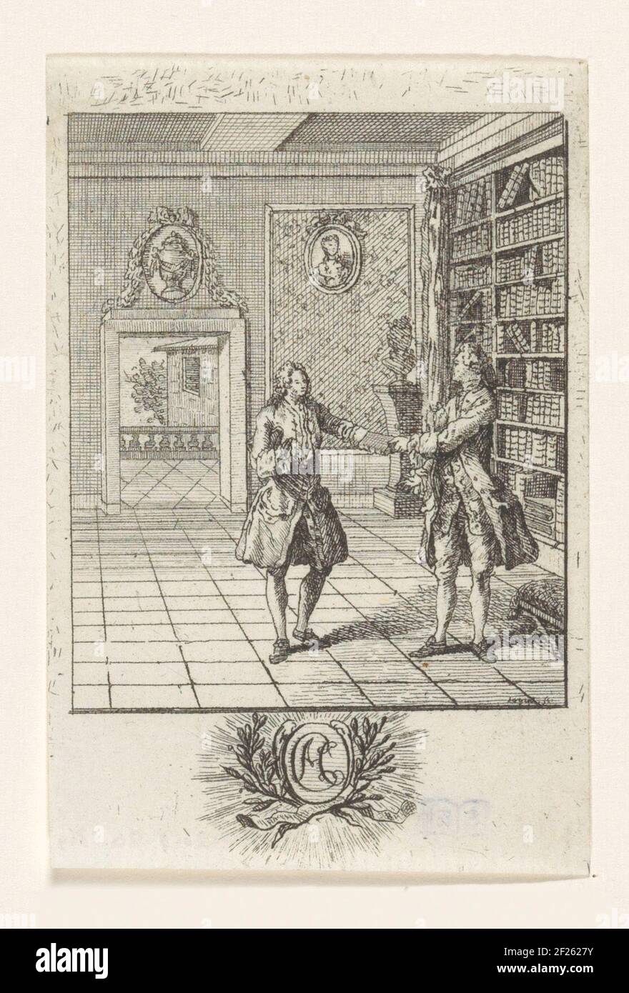 Two men for a bookcase. The one man hands over a book to the other ...
