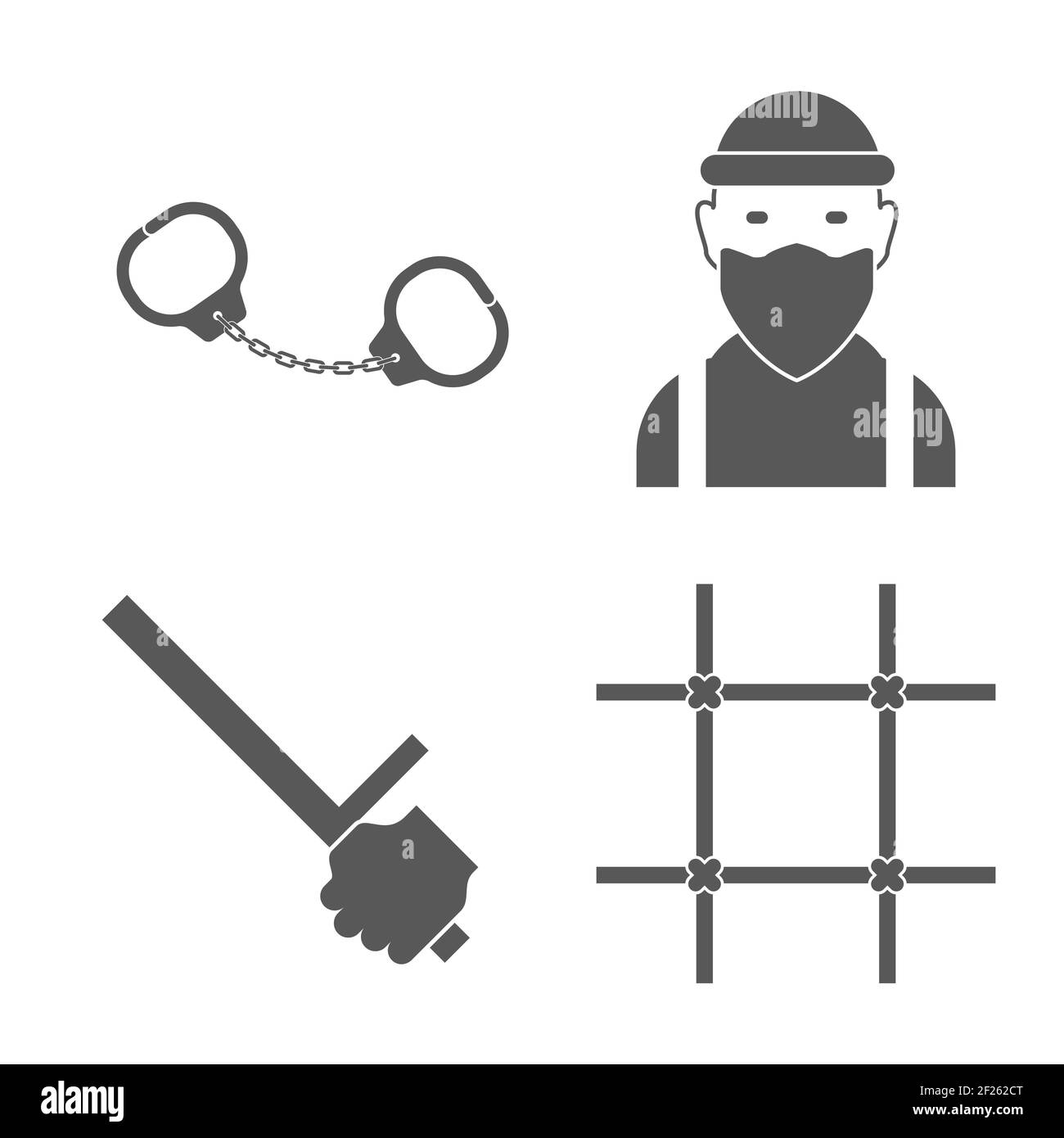Crime, criminal icon set. Criminal, handcuffs, police baton, prison ...