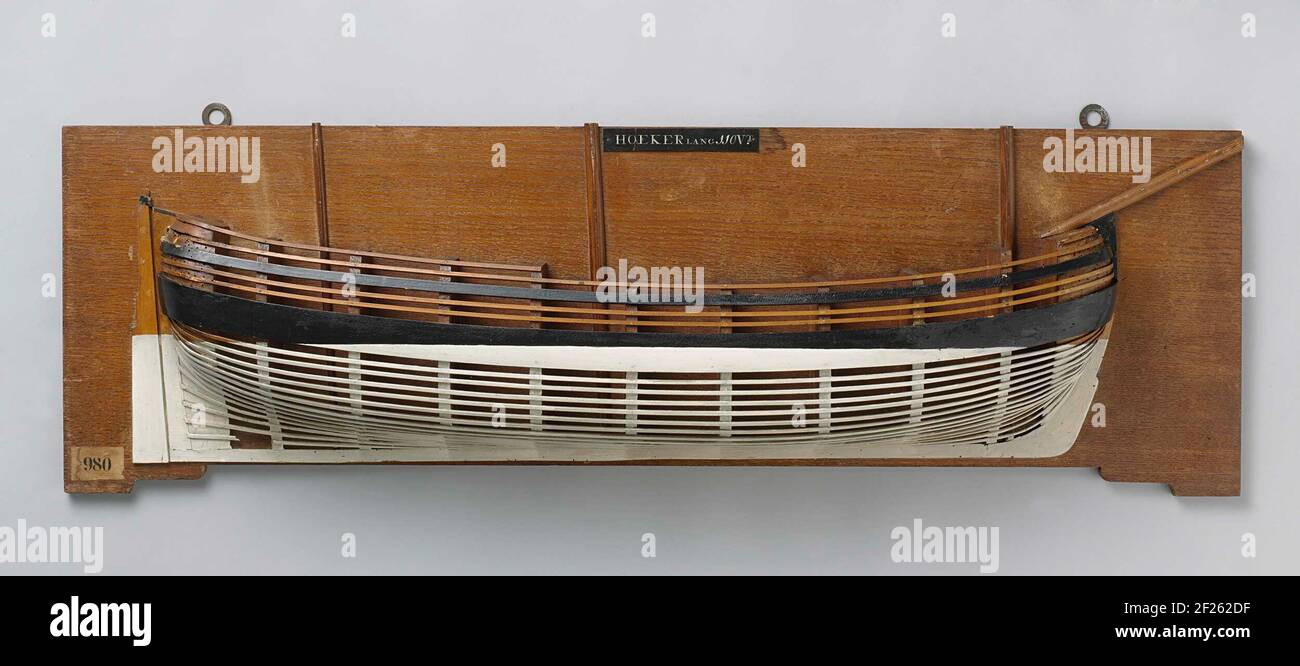 Half Model of a Hooker.Polychromed mold model (starboard) of a three ...