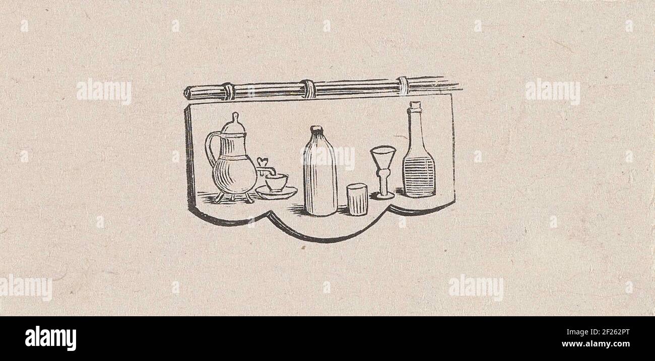 Vignette with a signboard with a can, a cup, bottles and glasses on it ...