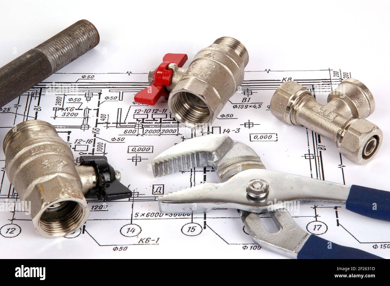 Plumbing parts and tools for drawing, closeup Stock Photo - Alamy