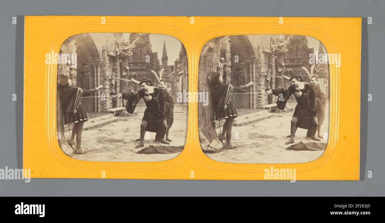 Scene outside: two dueling men in historic clothing Stock Photo - Alamy