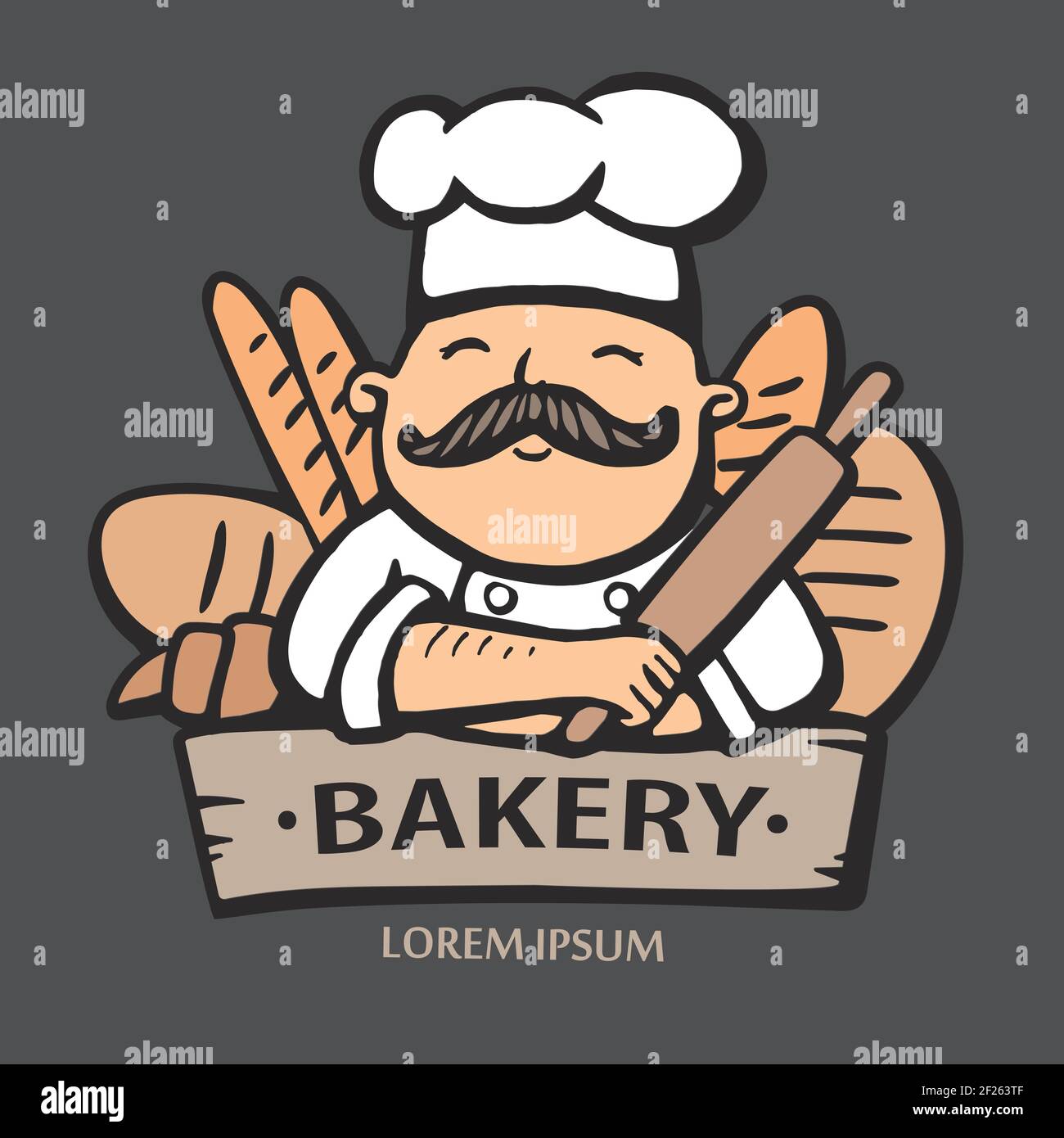 Bakery logo. Hand drawn vector illustration of chief-cooker with a ...