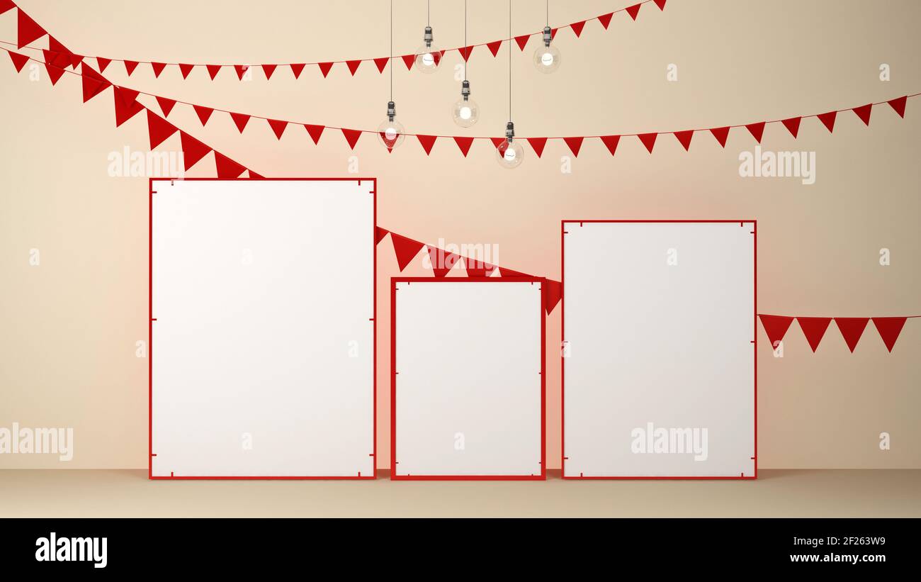 three mock up frames with triangle flag ribbons. 3d rendering Stock ...