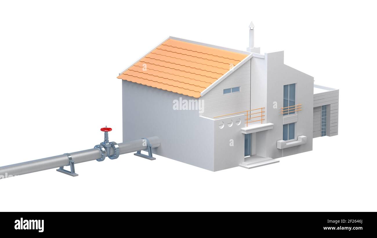 pipe with valve connected to the house isolated on white. 3d rendering ...
