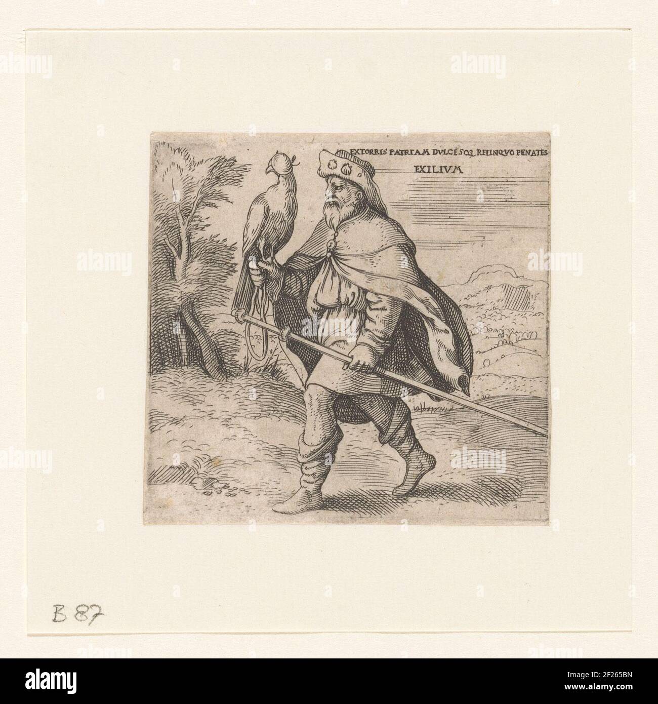 Exile; Exilium; Emblematic figures. A pilgrim with hat and staff ...