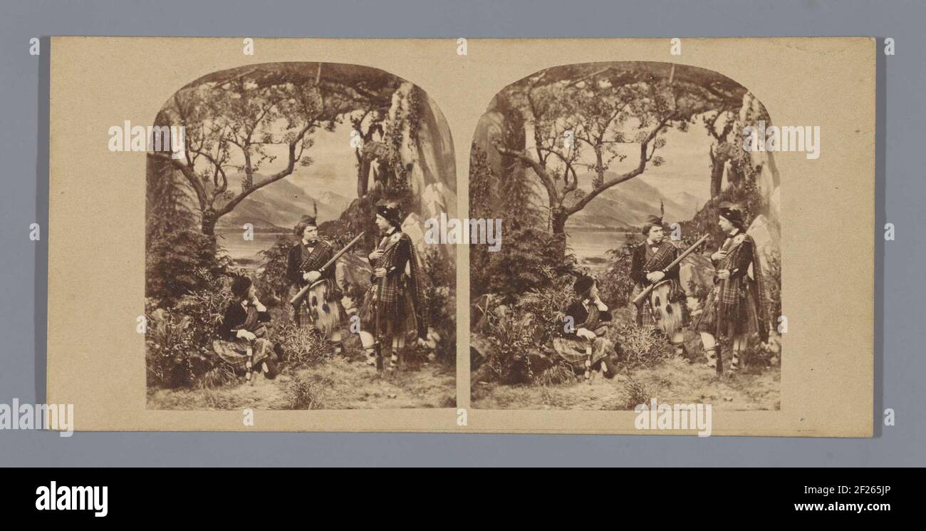 Three bagpipes players for a decor with trees and mountains Stock Photo ...