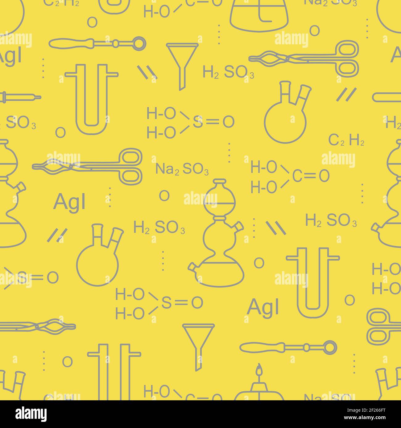 Scientific vector seamless pattern with flasks, burners, funnels, tools ...