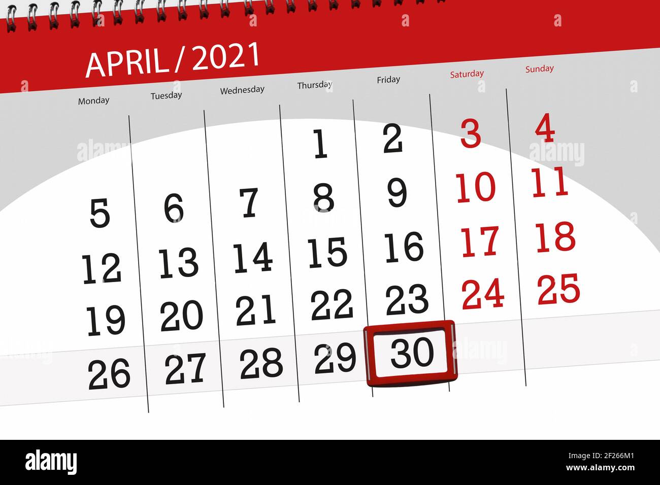 Calendar planner for the month April 2021, deadline day, 30, friday ...