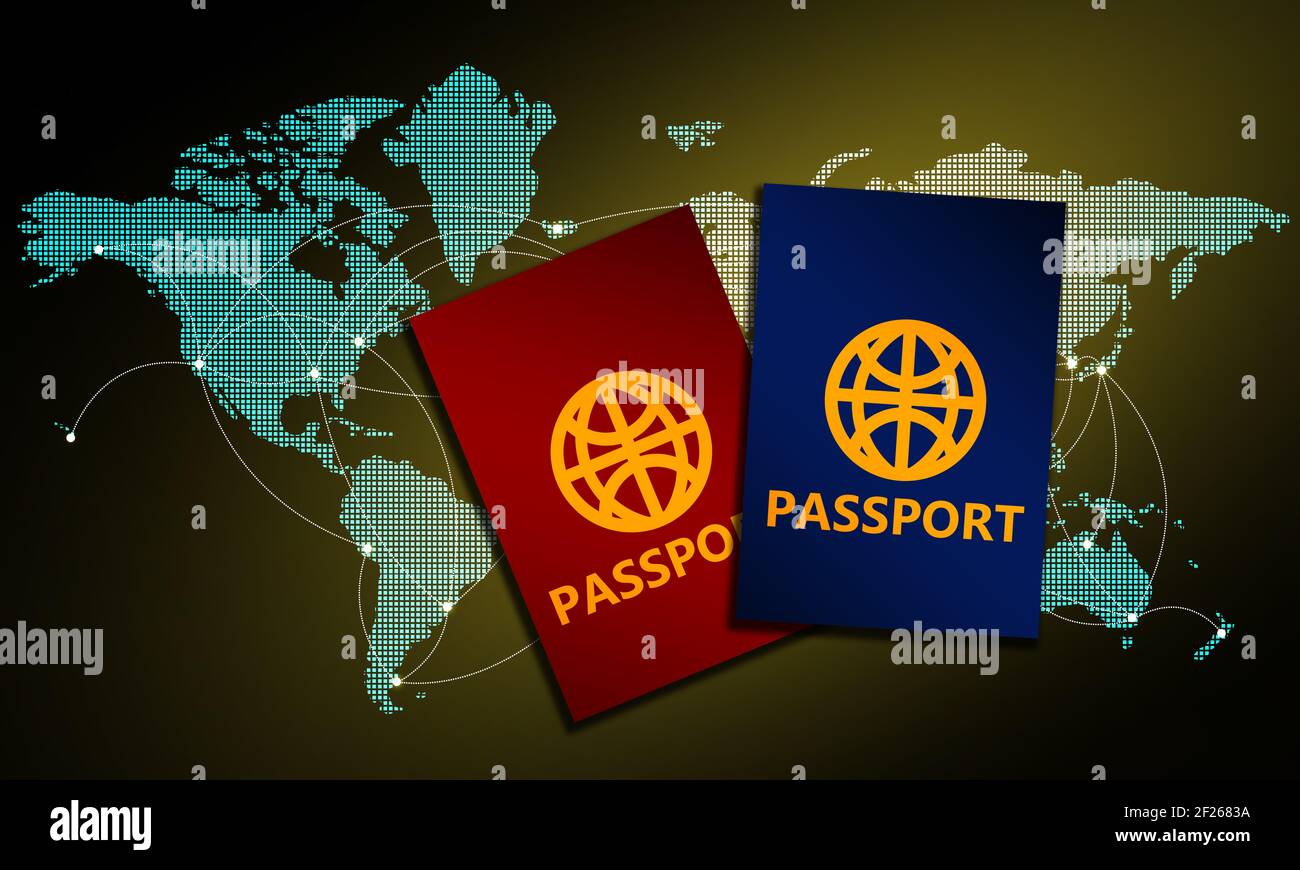 A colorful pair of passports on the world map with airline routes Stock ...