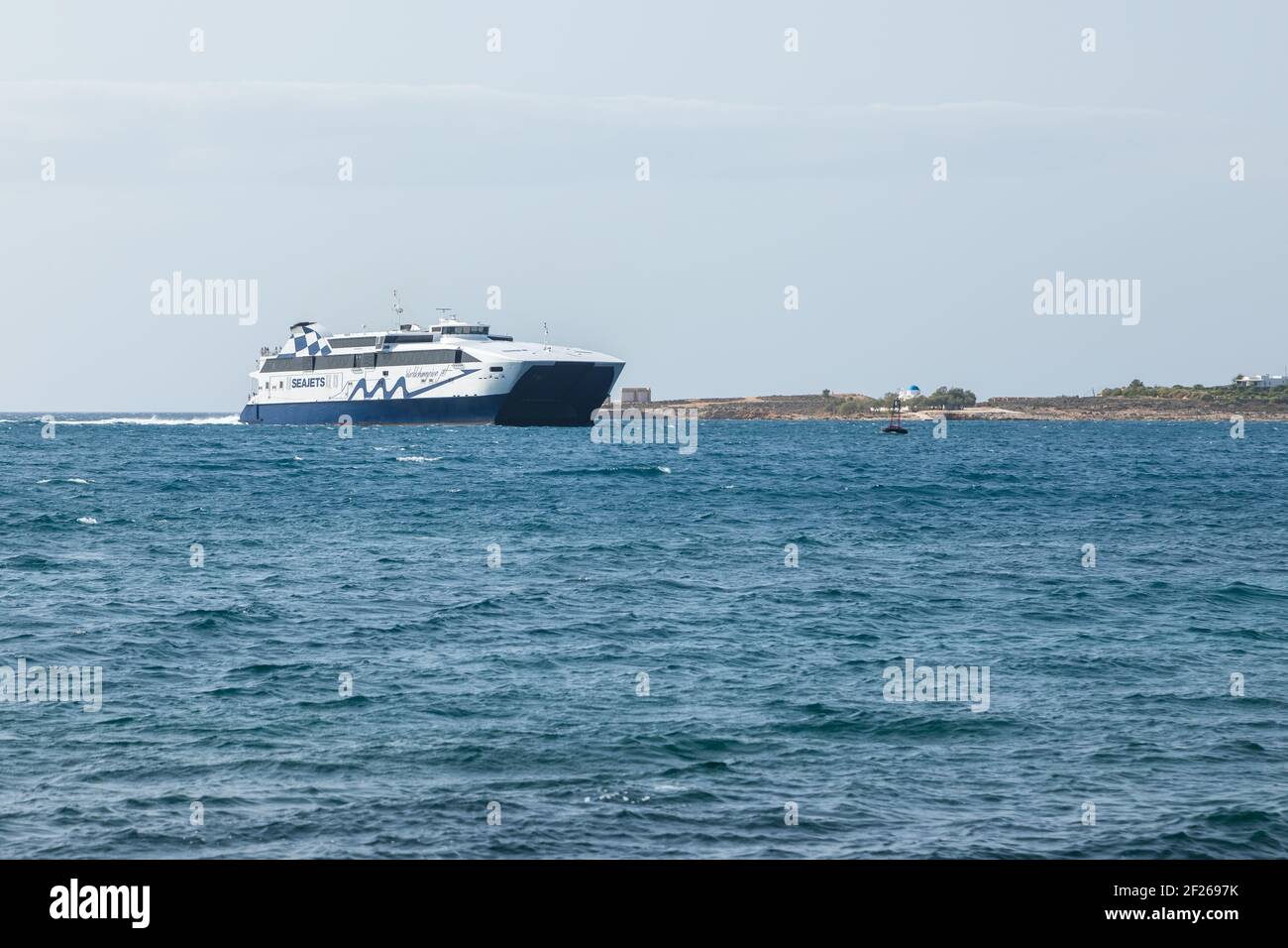 Paros Island, Greece- 22 September 2020: Passenger ferry entering the ...