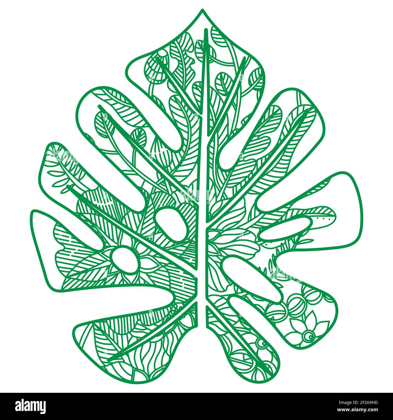 Silhouette monstera leaf of with doodle abstract flowers and leaves ...