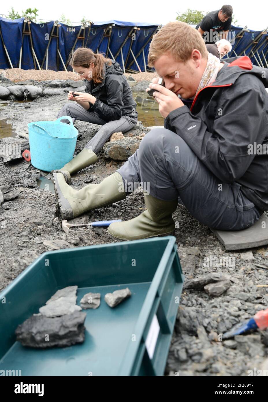 Palaeontologists on the Whiteadder Water near Chirnside in the Scottish ...