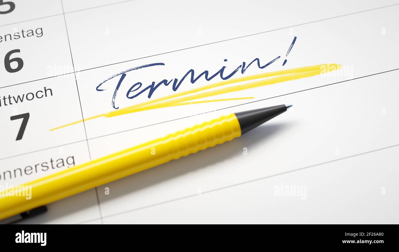 Calendar with a red pen and the word date in german language Stock ...