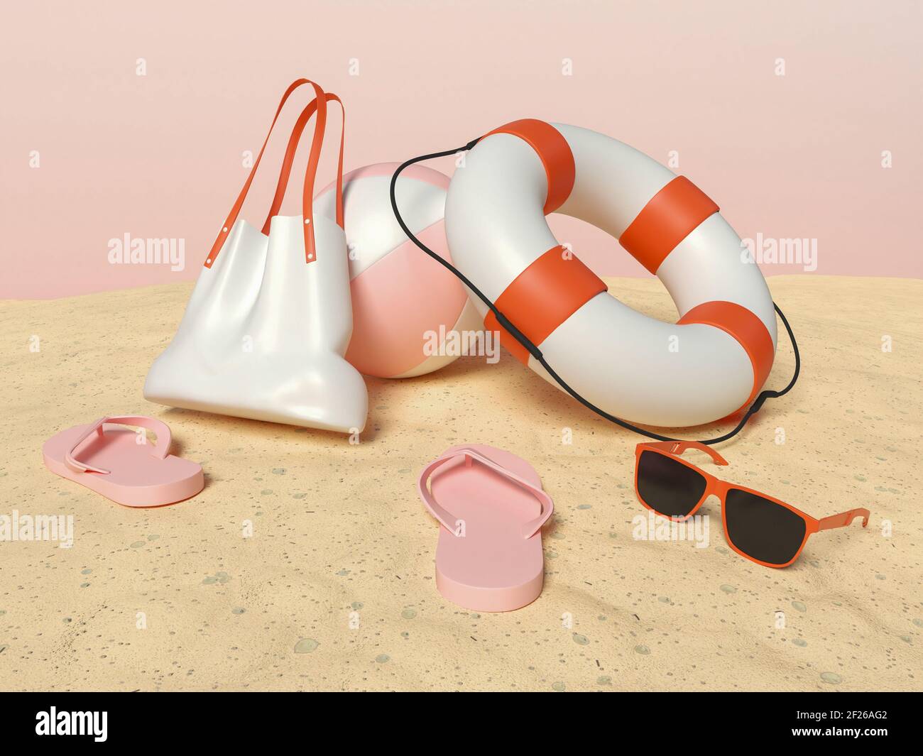 3d beach elements on sand. Summer holidays Stock Photo - Alamy
