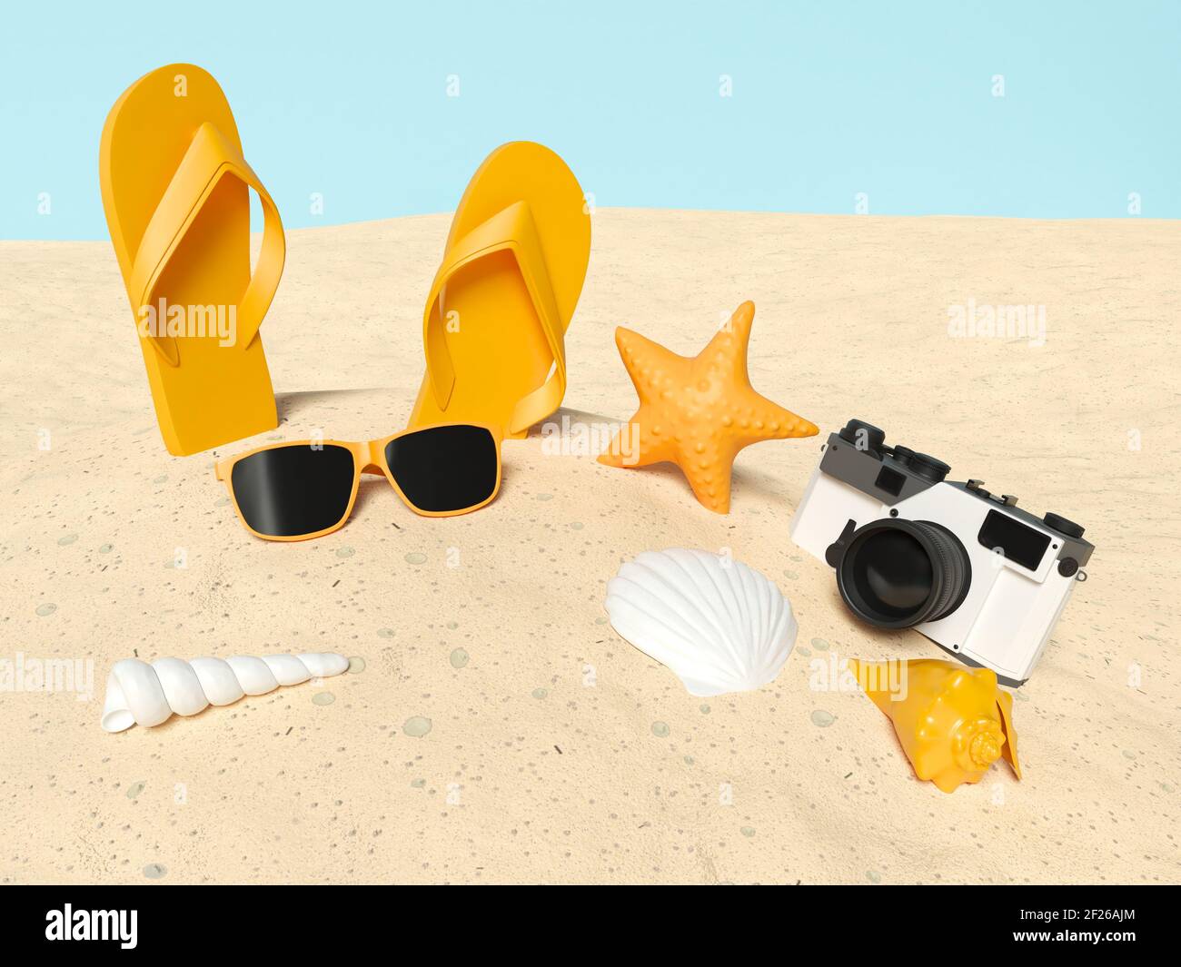 3d beach elements on sand. Summer holidays Stock Photo - Alamy