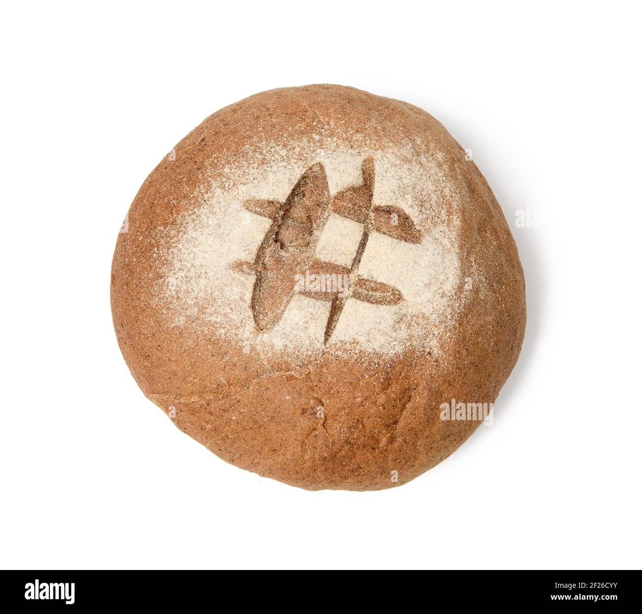 Baked round rye flour bread, loaf of bread isolated on white background ...