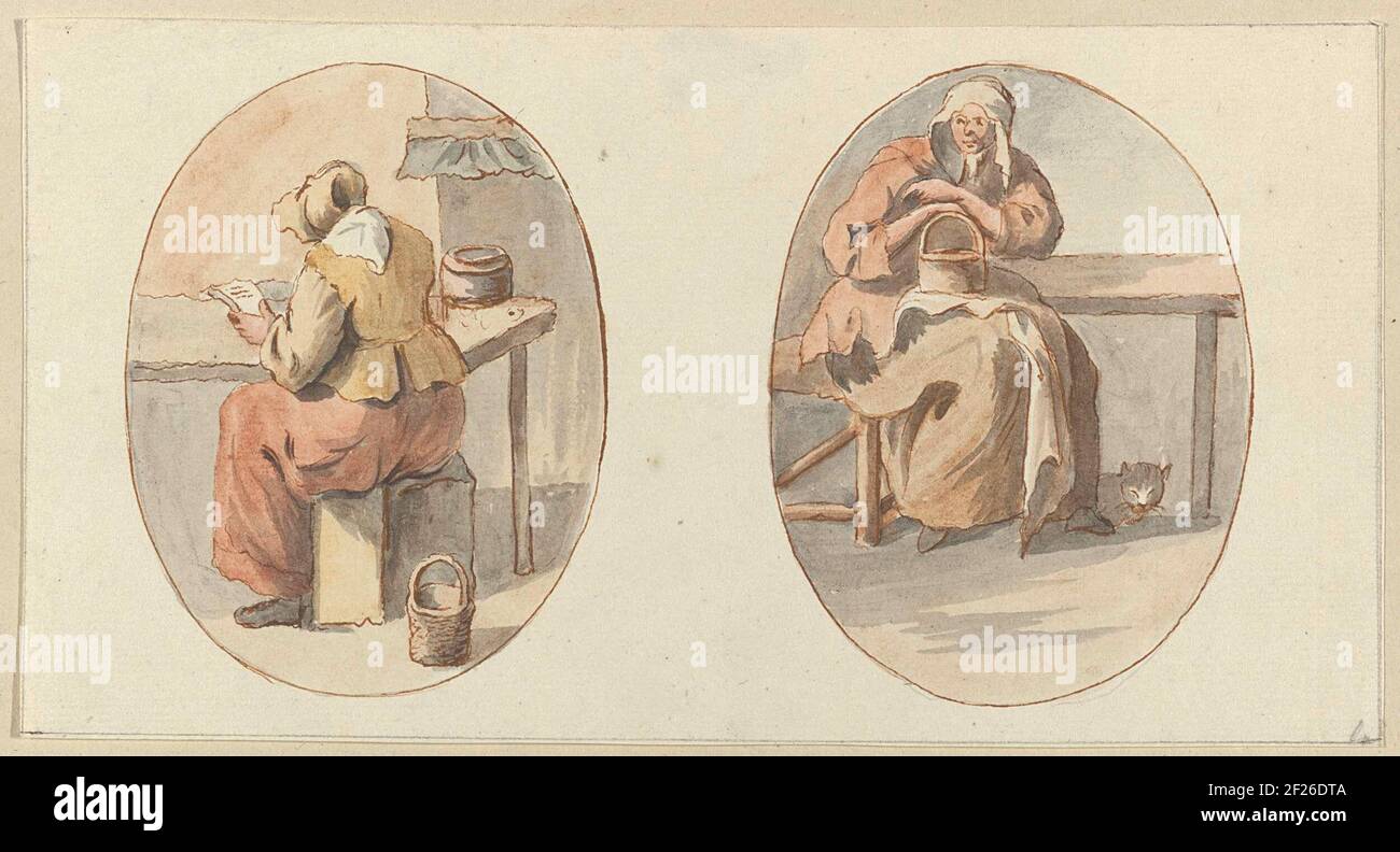 Zittende vrouw met brief en zittende vrouw met kat.In two standing ...