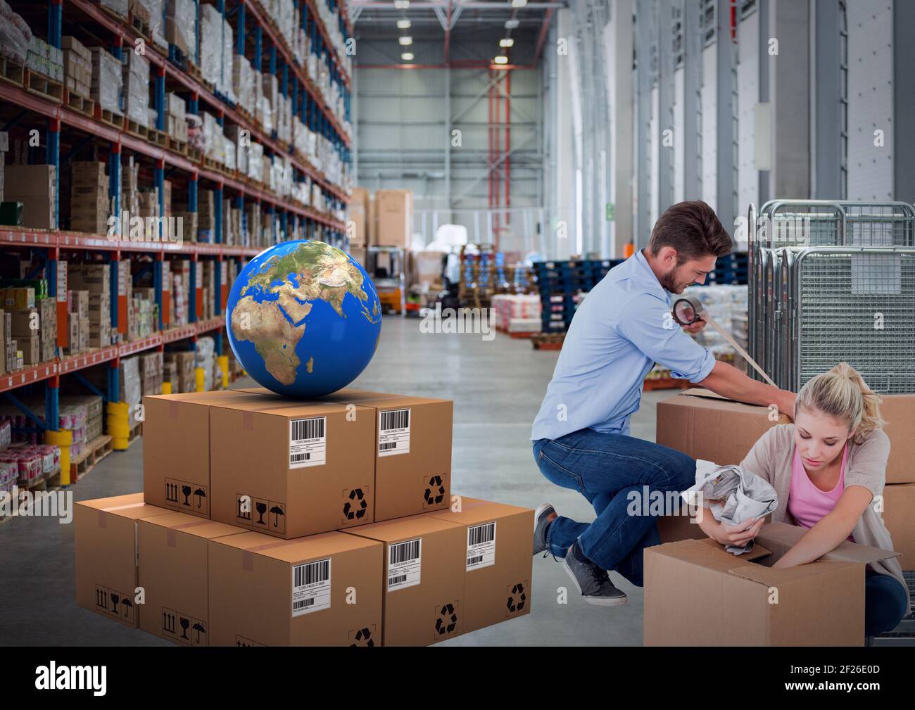 Composition of stack of cardboard boxes with globe and couple packing ...