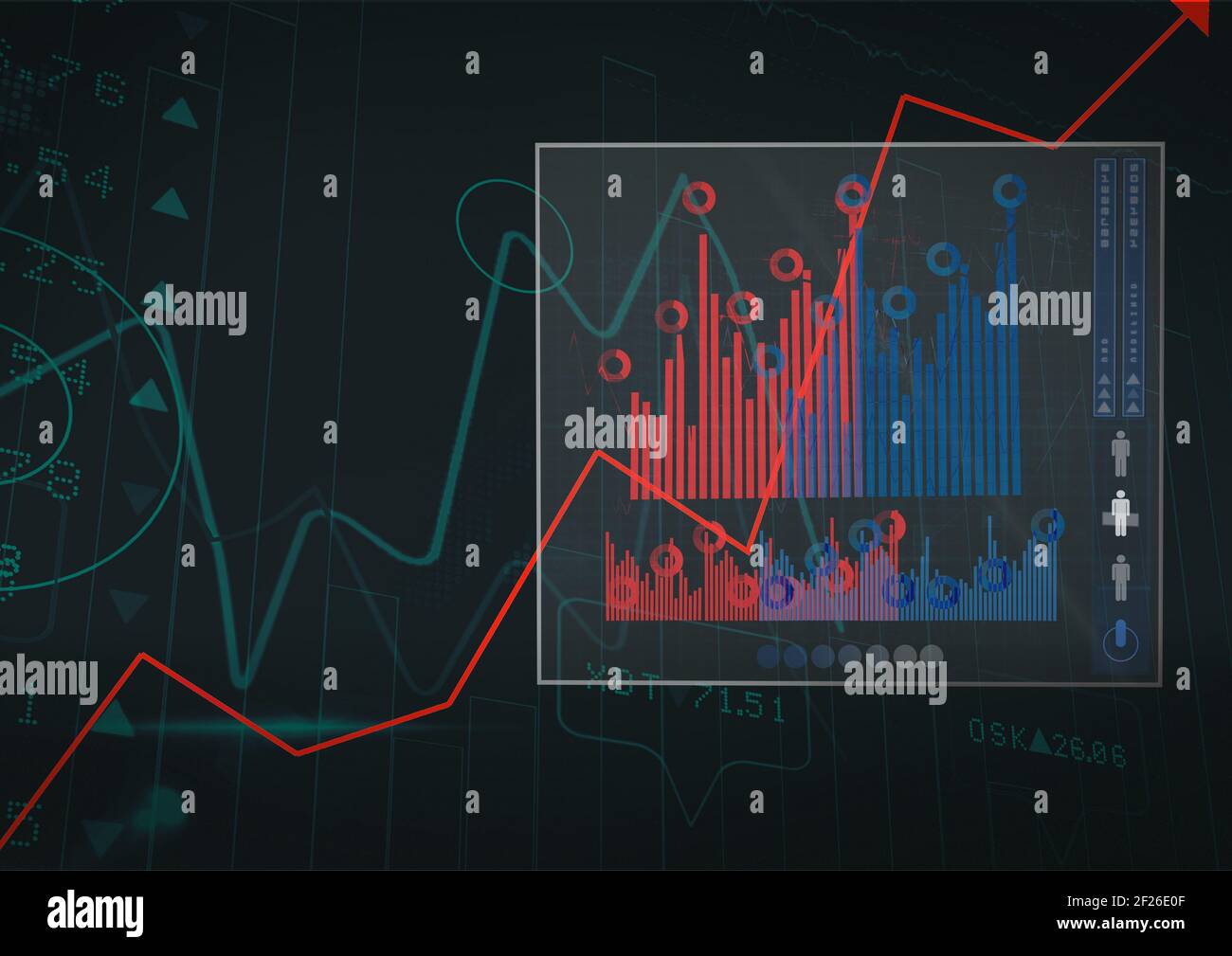 Red graphs over digital interface with data processing against black ...
