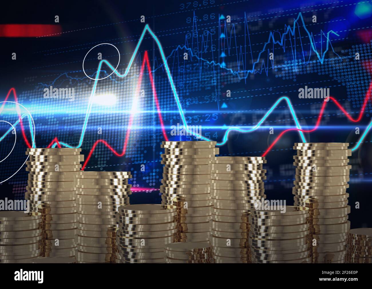 Stack of gold coins over digital interface with data processing against ...