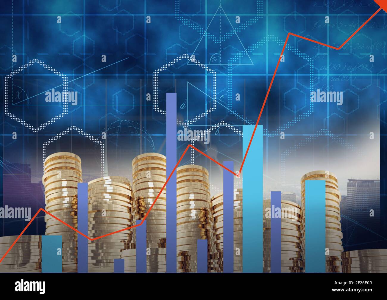 Red Graphs Over Statistical Data Processing Against Stack Of Gold Coins