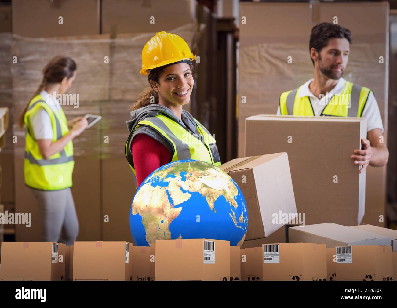 Composition of stack of cardboard boxes with globe with workers ...