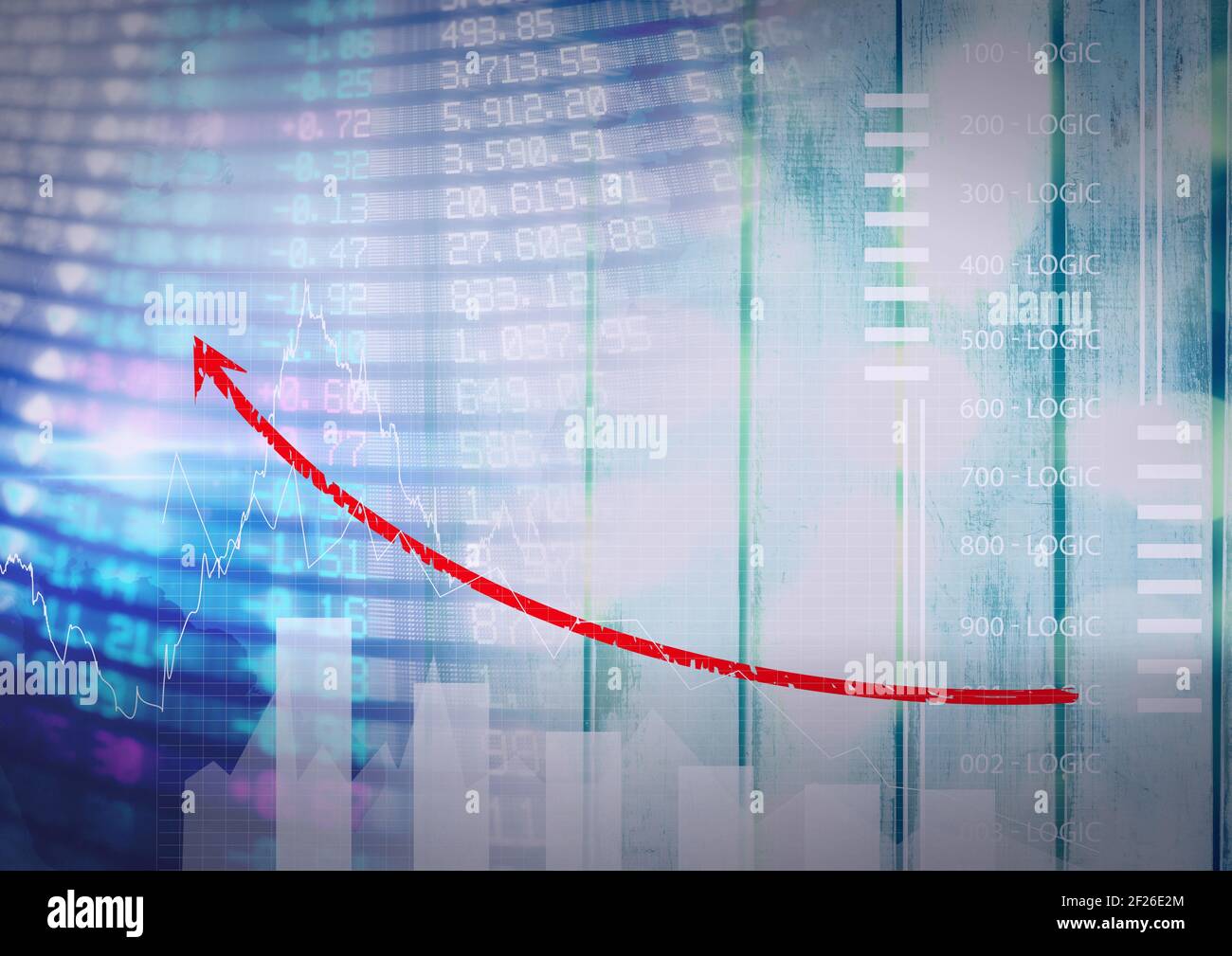 Red graphs over stock market data processing against spots of light ...
