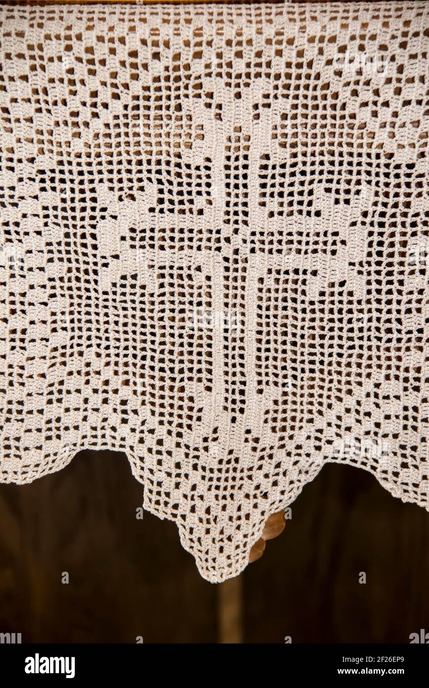Beige lace alter cloth with cross design in church Stock Photo - Alamy