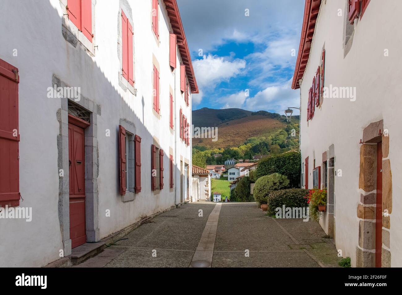 Typical houses in the village of Ainhoa in the Basque country Stock ...