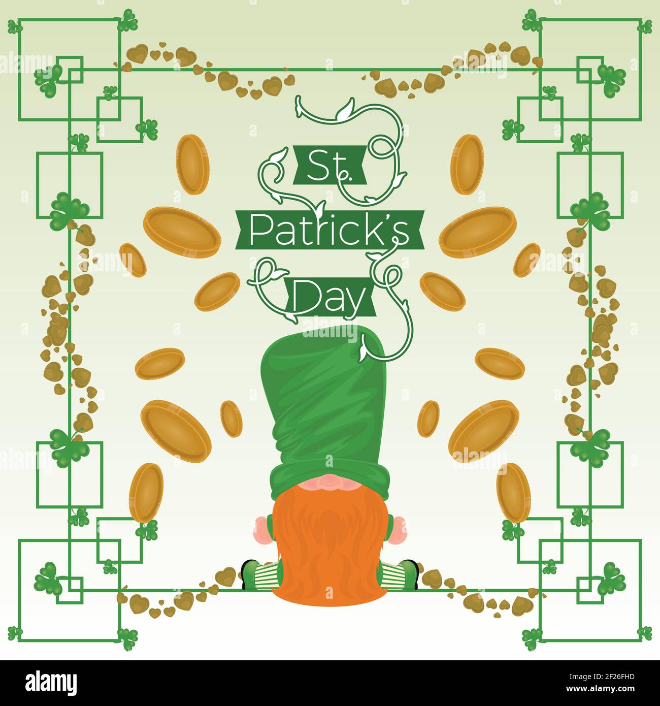 Irish elf cartoon with gold coins and clovers. Saint patricks day card ...