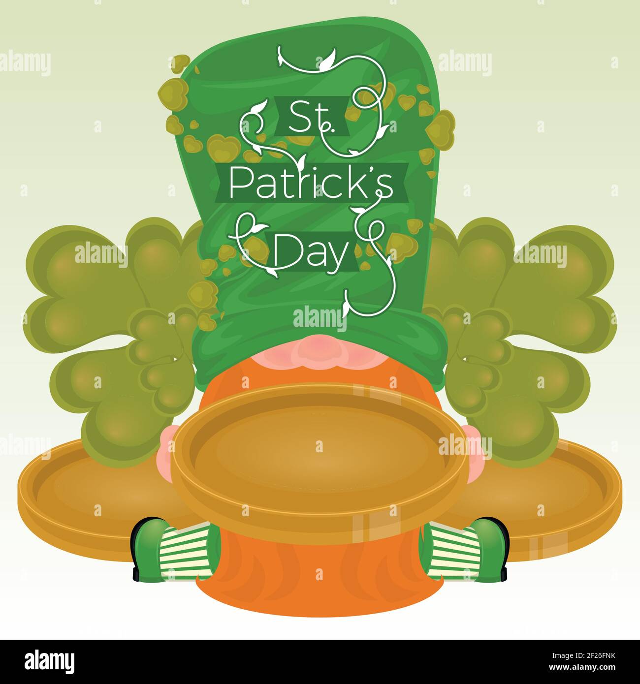 Irish elf cartoon with gold coins and clovers. Saint patricks day card ...