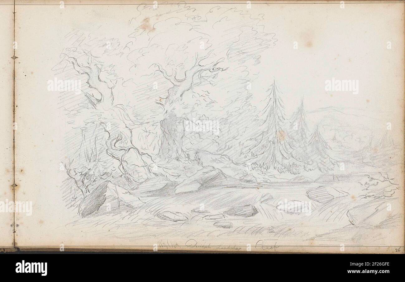 Hilly landscape with trees and boulders in kleef.leaf 26 recto from a ...