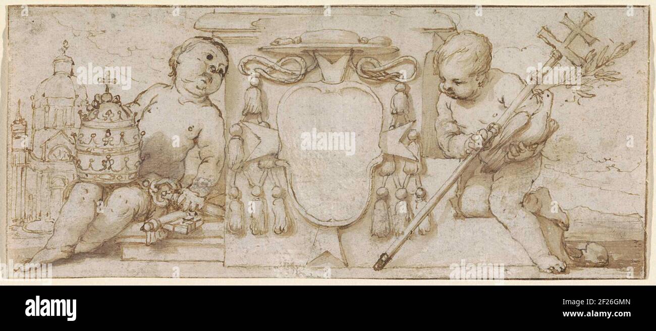 Putti met wapenschild.A coat of arms with a putto with the papal keys ...