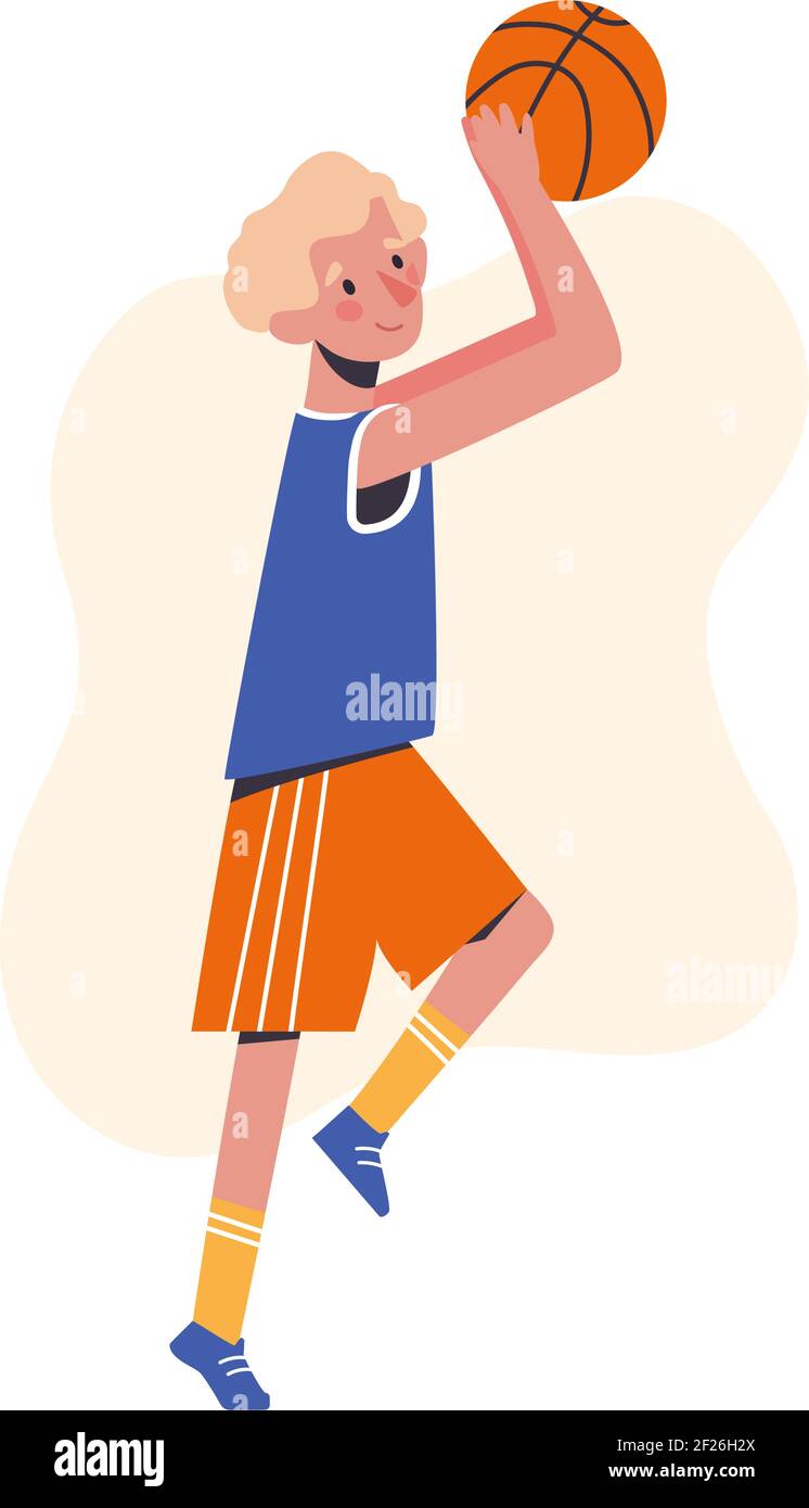 The boy throws a basketball. Flat design concept with cute kid playing ...