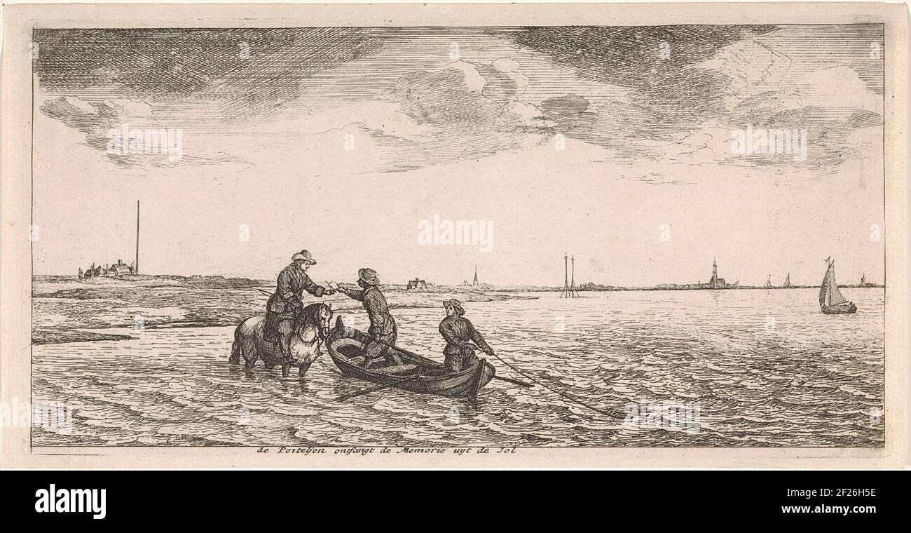 A postman on horseback wades through the water and receives mail from ...