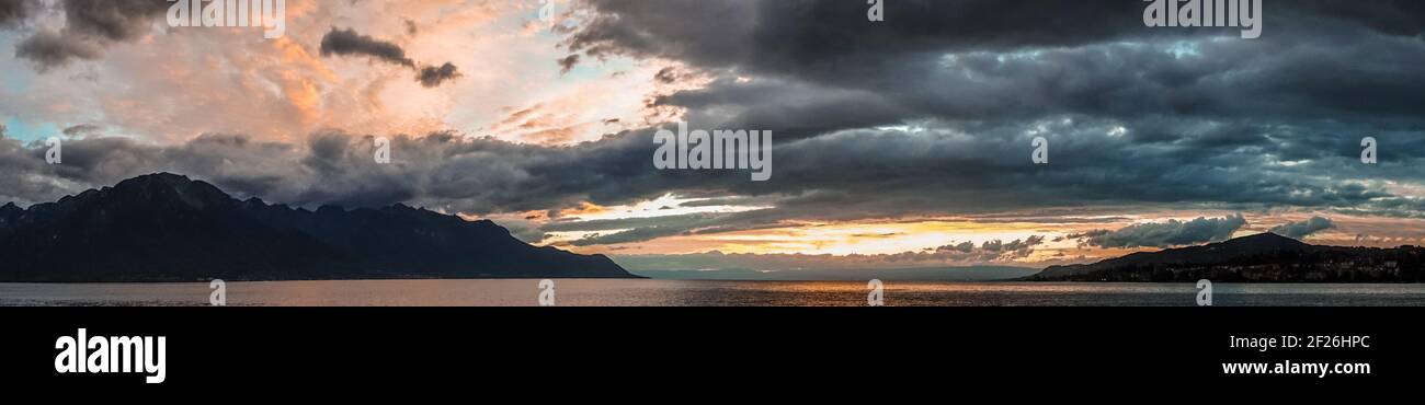 Sunset over Lake Geneva at Montreux Stock Photo - Alamy