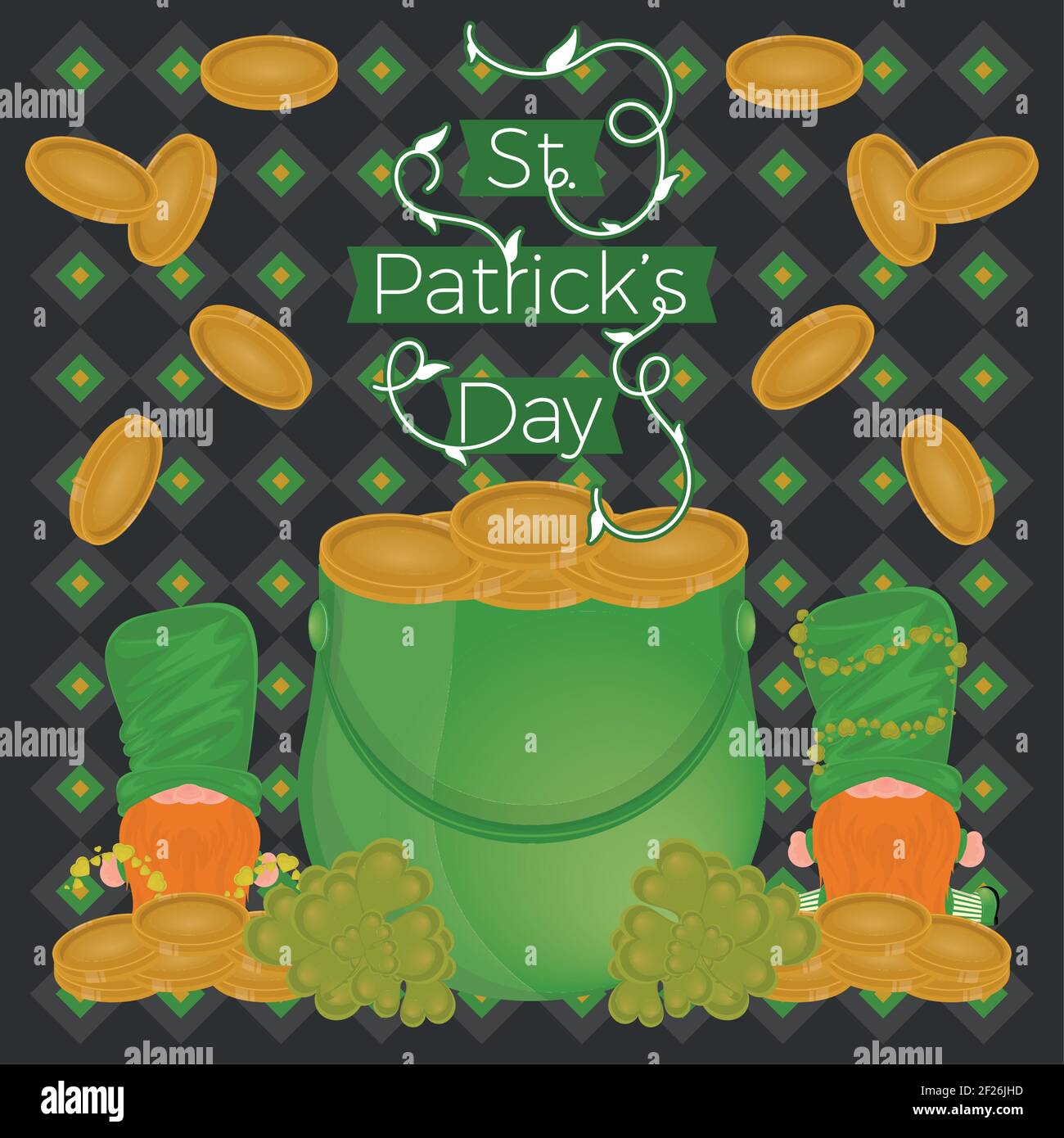 Irishe elfs cartoon with a gold coins pot. Saint patricks day card ...