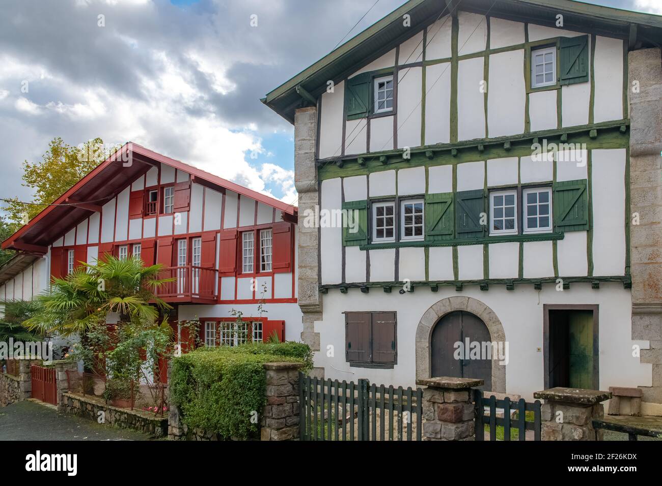 Typical houses in the village of Ainhoa in the Basque country Stock ...