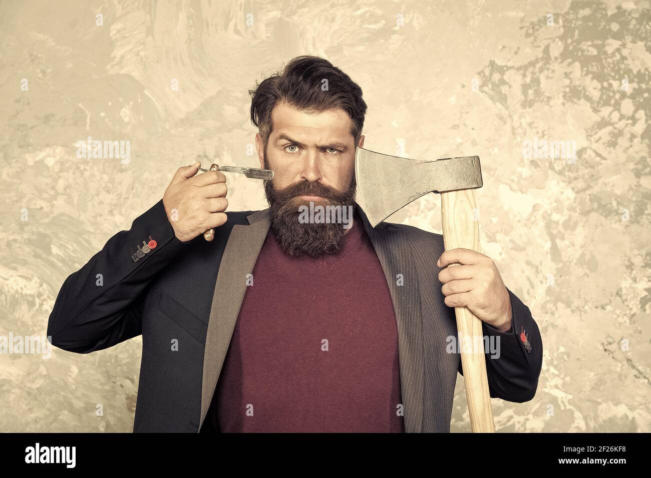old weapon. Barbershop hairstyle. Masculinity and brutality. Vintage ...