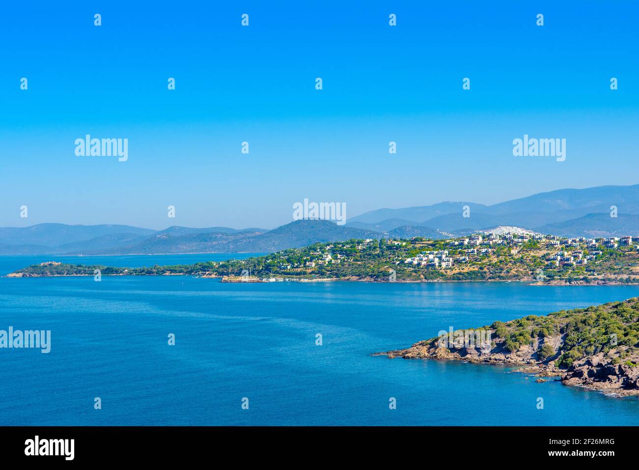 Beautiful Mediterranean landscape with Aegean sea and green hills in ...